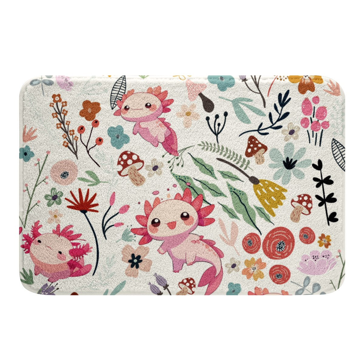 Kawaii Axolotl Shower Mat 20"x32",Mushroom Floral Door Mat Cartoon ...