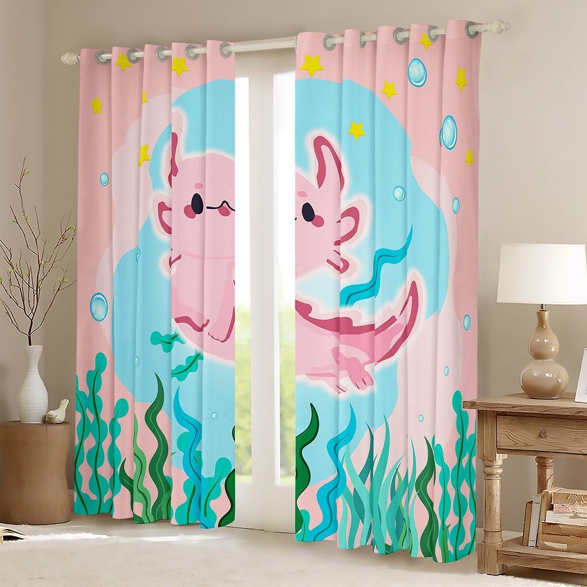 Kawaii Axolotl Window Curtains,Cartoon Marine Life Curtain,Pink Axolotl ...
