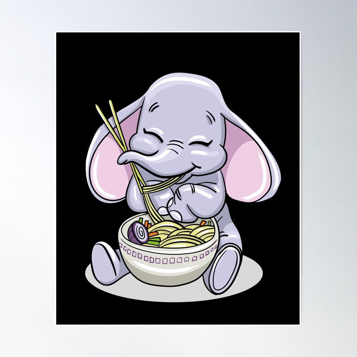 Kawaii Baby Elephant Eating Ramen Noodles Poster Wall Art, Modern Wall ...