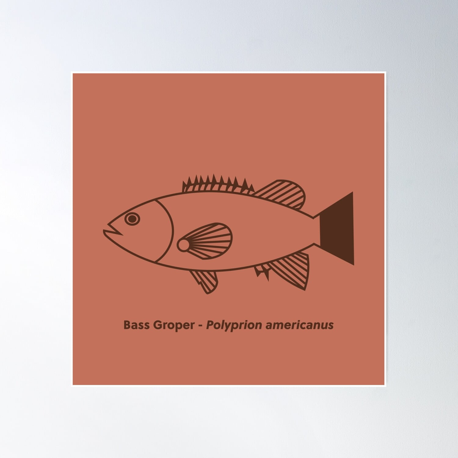 Kawaii Bass Groper Fish In Chocolate Brown On Orange Clay Poster Wall ...