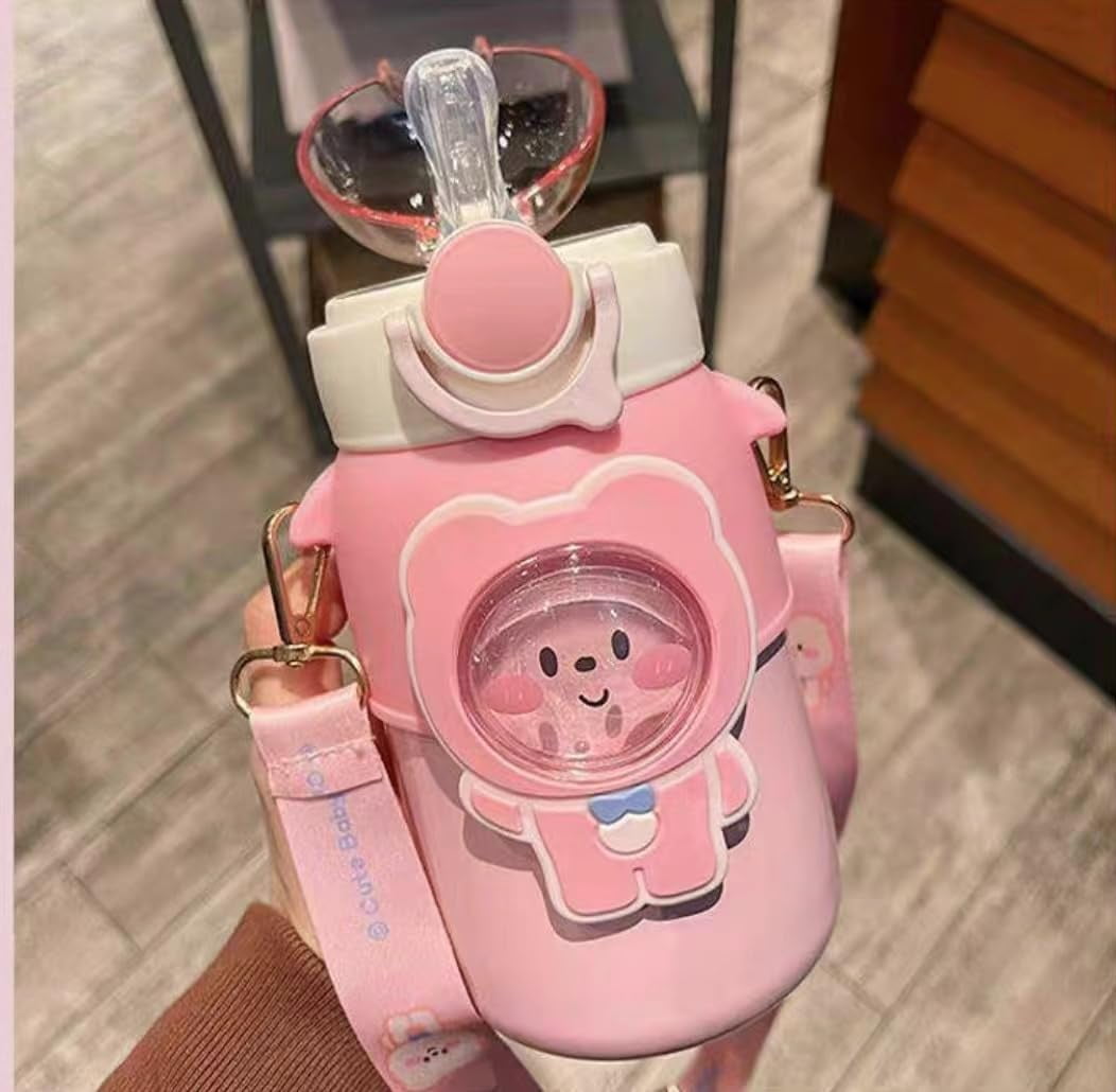 Kawaii Bear Straw Water Bottle with Shoulder Strap, Leak-proof ...
