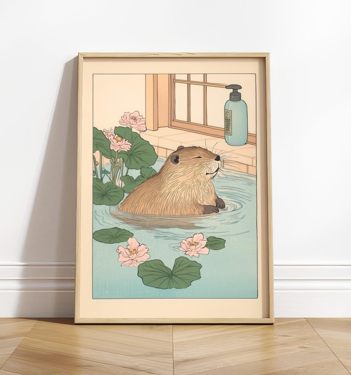 Kawaii Beaver In Bathtub, Funny Bathroom Wall Art, Japanese Vintage ...