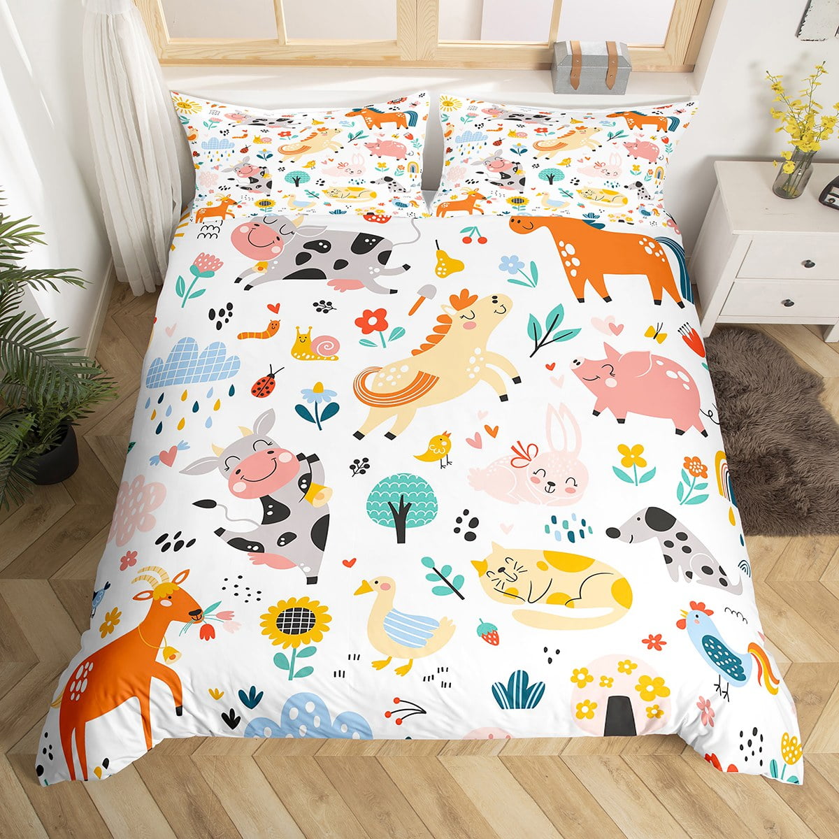 Kawaii Bedding Set Farm Animal Comforter Cover for Kids Child,Cartoon ...