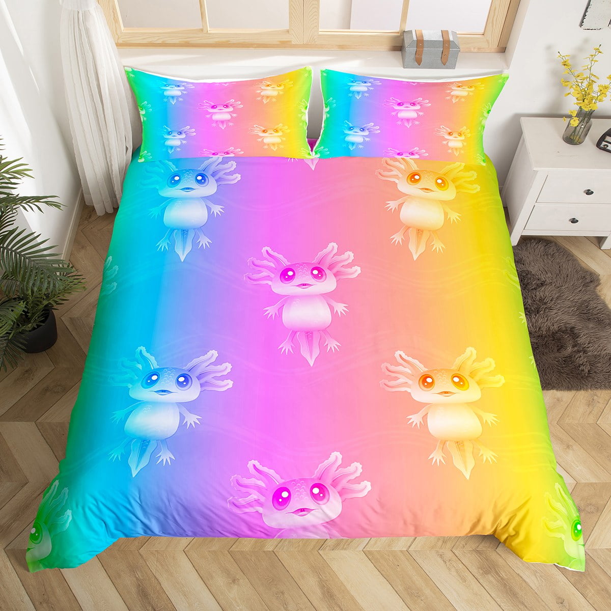 Kawaii Bedding Set,Axolotl Comforter Cover Cartoon Wild Animals Duvet ...