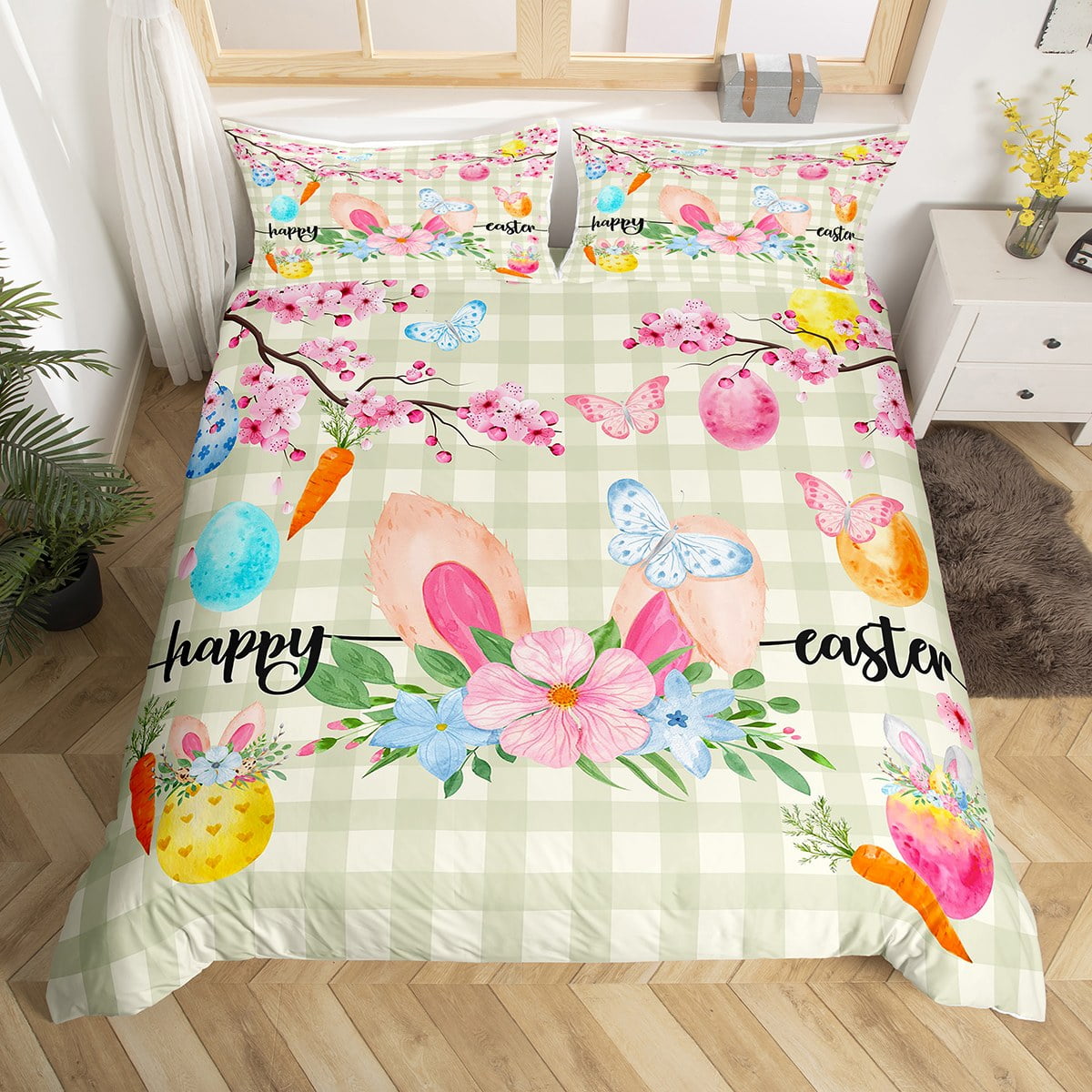 Kawaii Bedding Set Pink Cherry Blossom Comforter Cover,Happy Easter ...