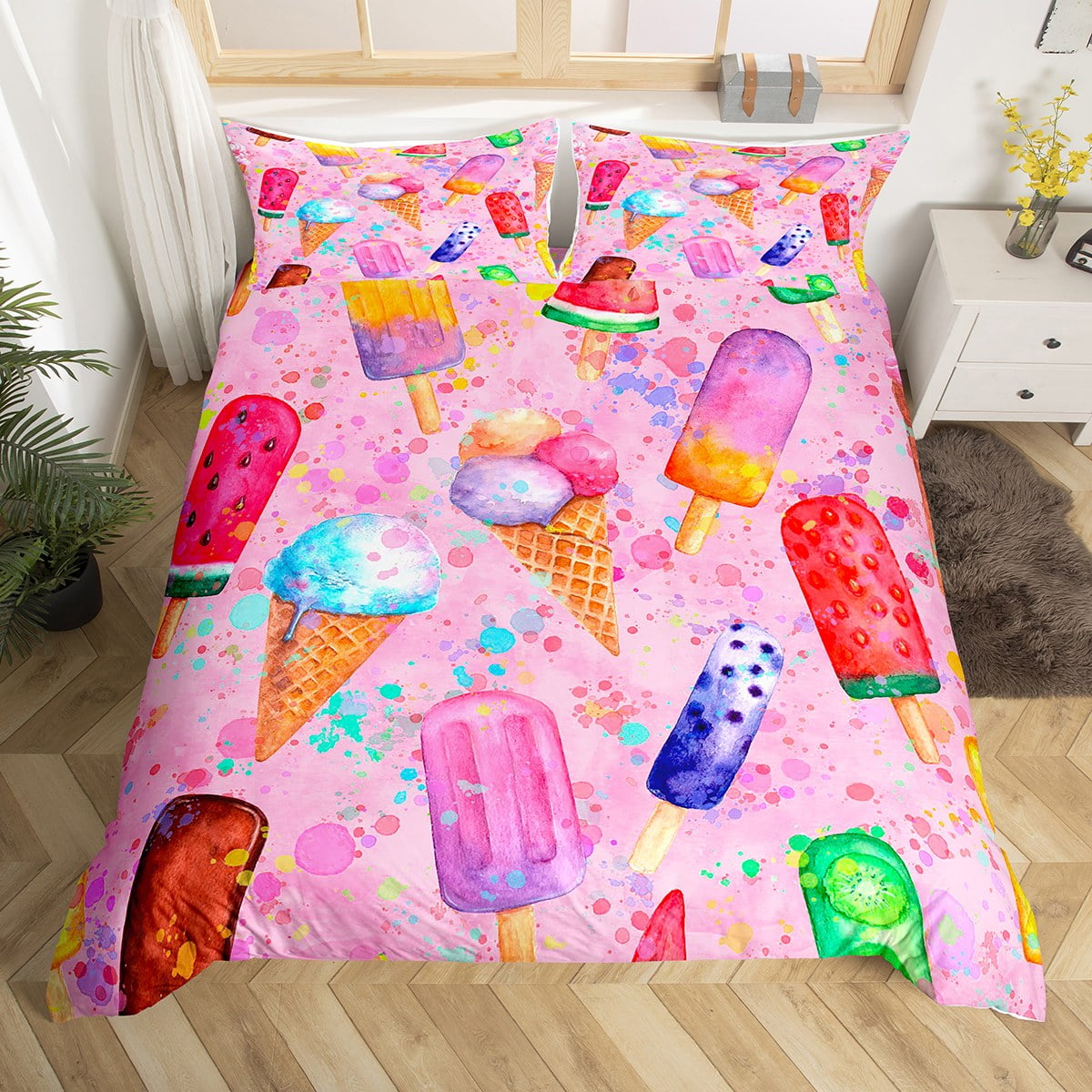 Kawaii Bedding Set Watercolor Ice Cream Comforter Cover for Kids Boys ...