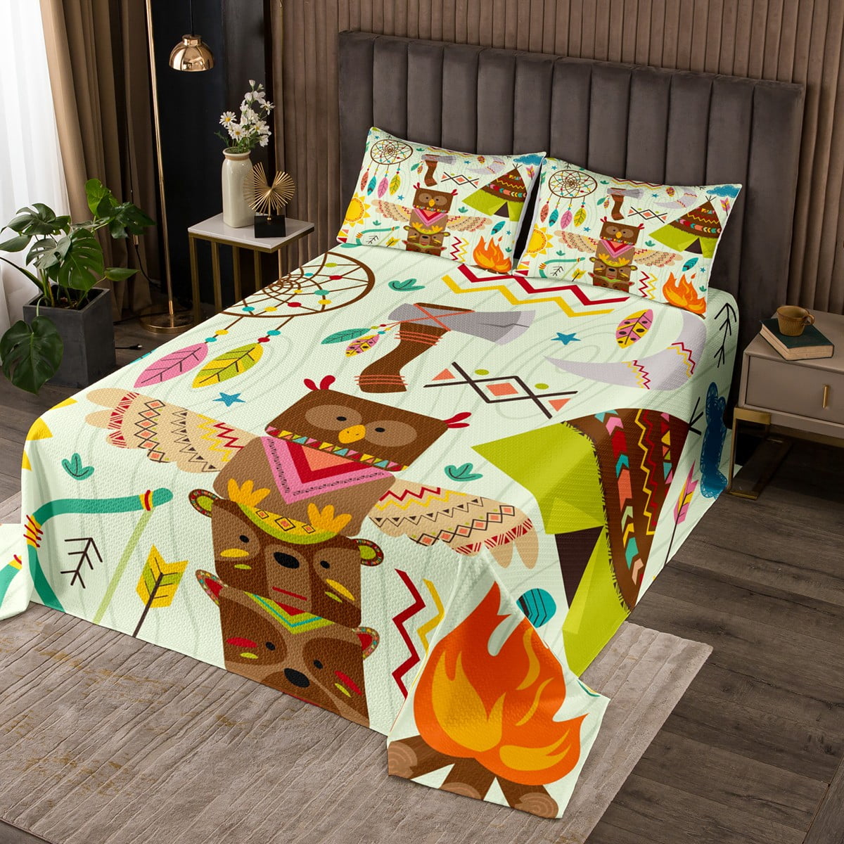 Kawaii Bedspread Set Bohemian Tent Quilt Set Queen,African Tribal Owl ...