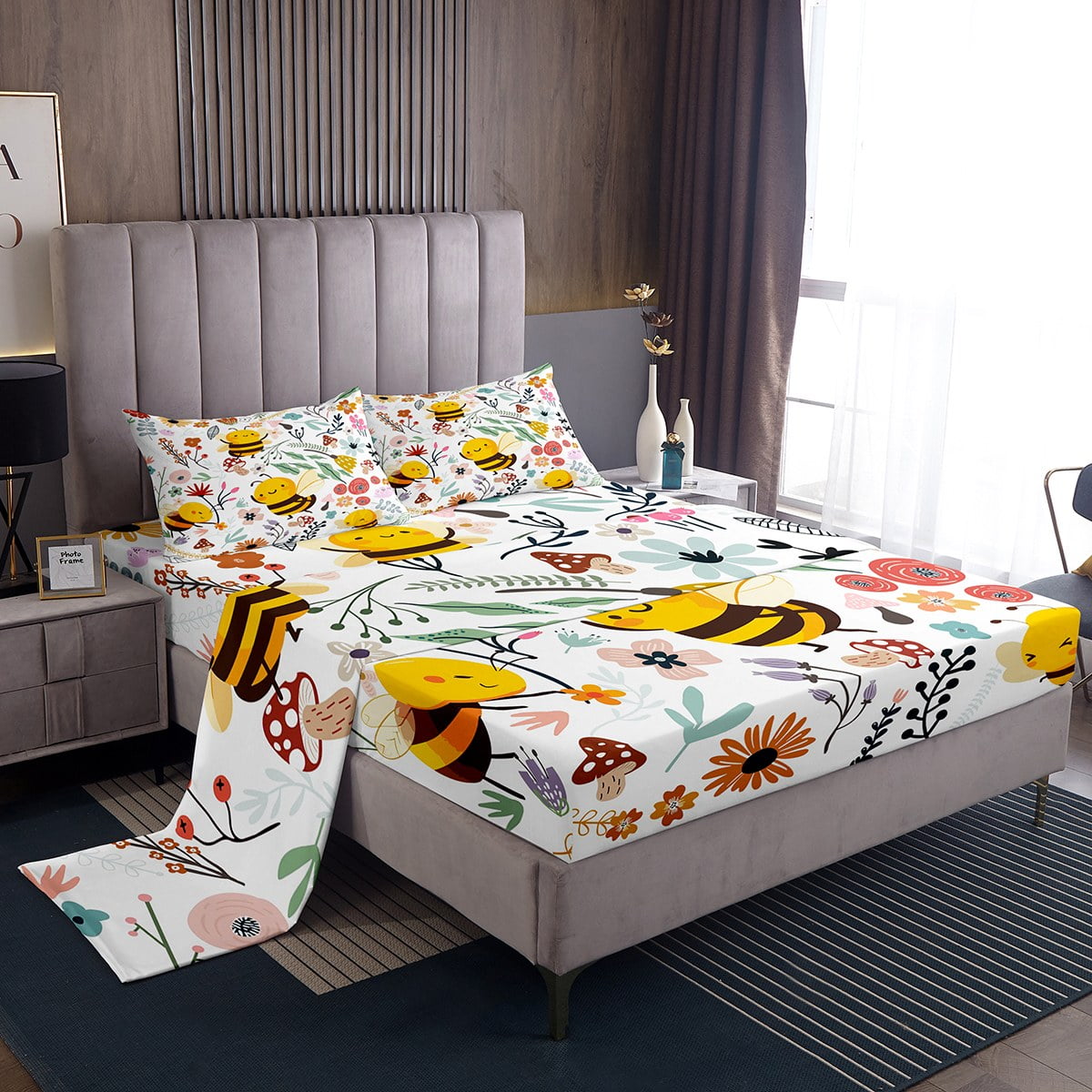 Kawaii Bee Bed Sheets Set Mushroom Floral Queen Sheet Set,Cartoon ...