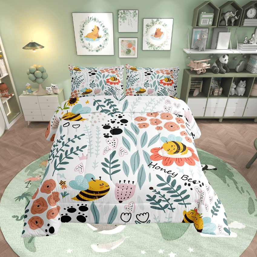 Kawaii Bee Bedding Set,Cartoon Bee Comforter Set ,Cute Love Heart Leaf ...