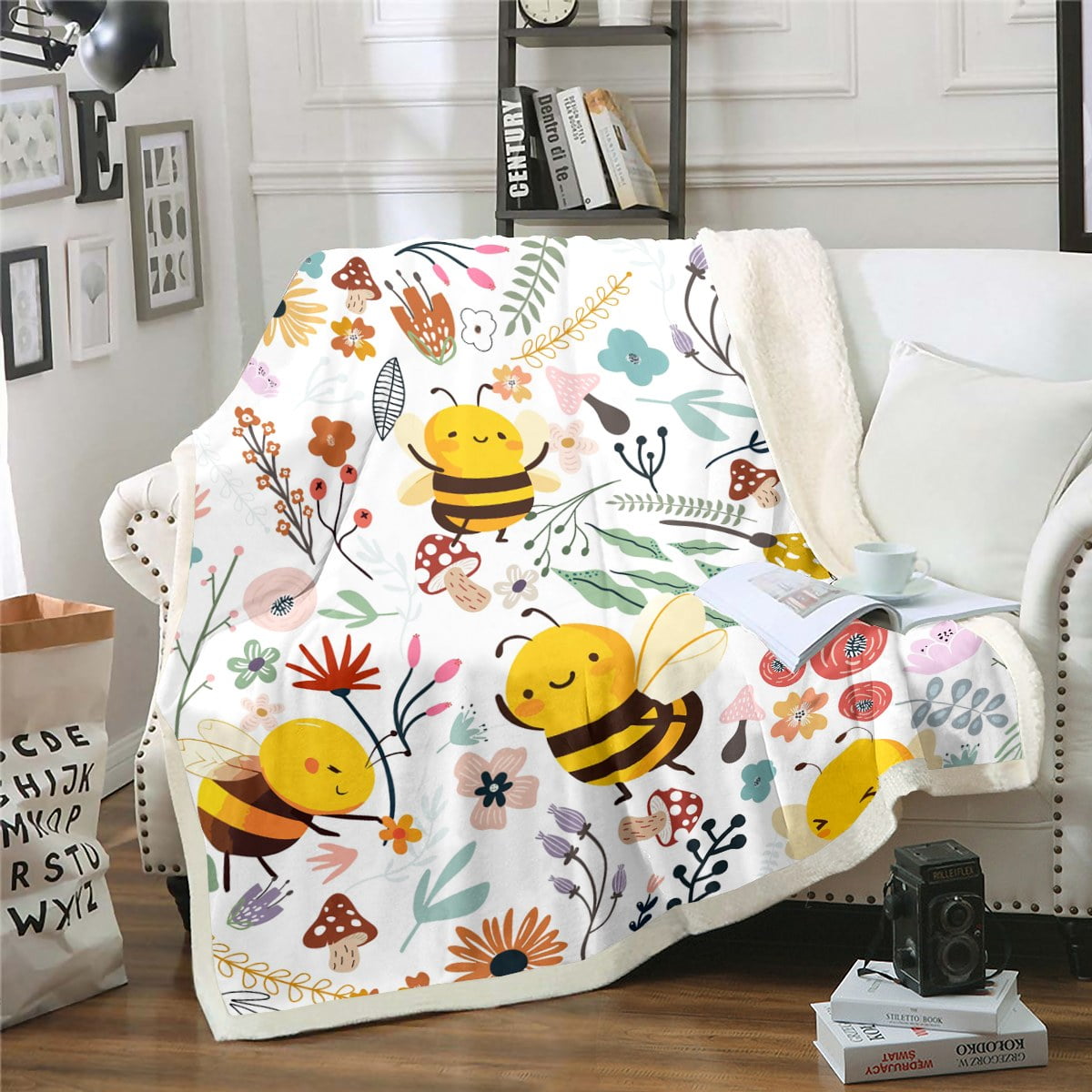 Kawaii Bee Blanket Mushroom Floral Throw Blanket 30"x40",Cartoon Animal ...