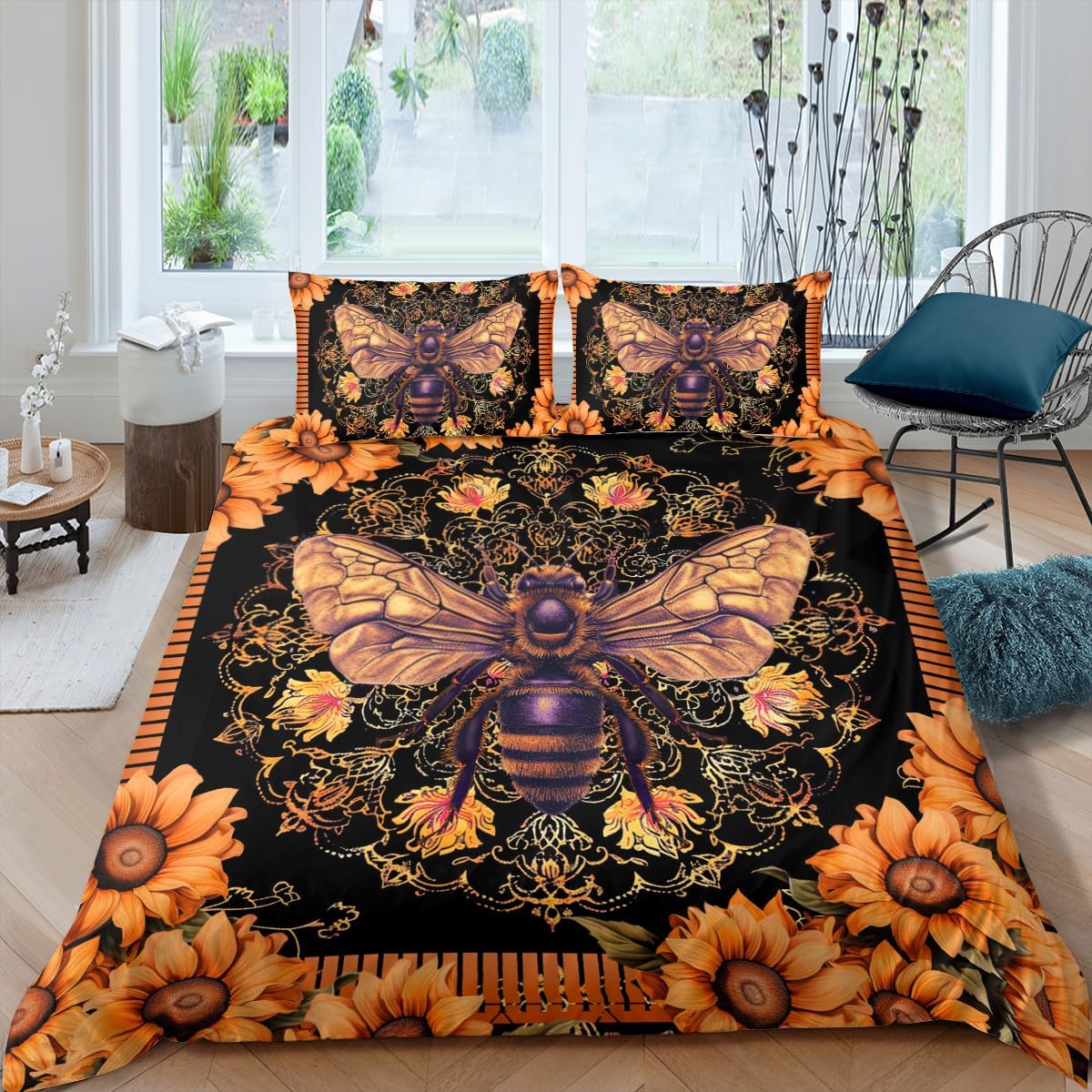 Kawaii Bee Comforter Cover Floral Leaf Duvet Cover Sunflower Bed Sets ...
