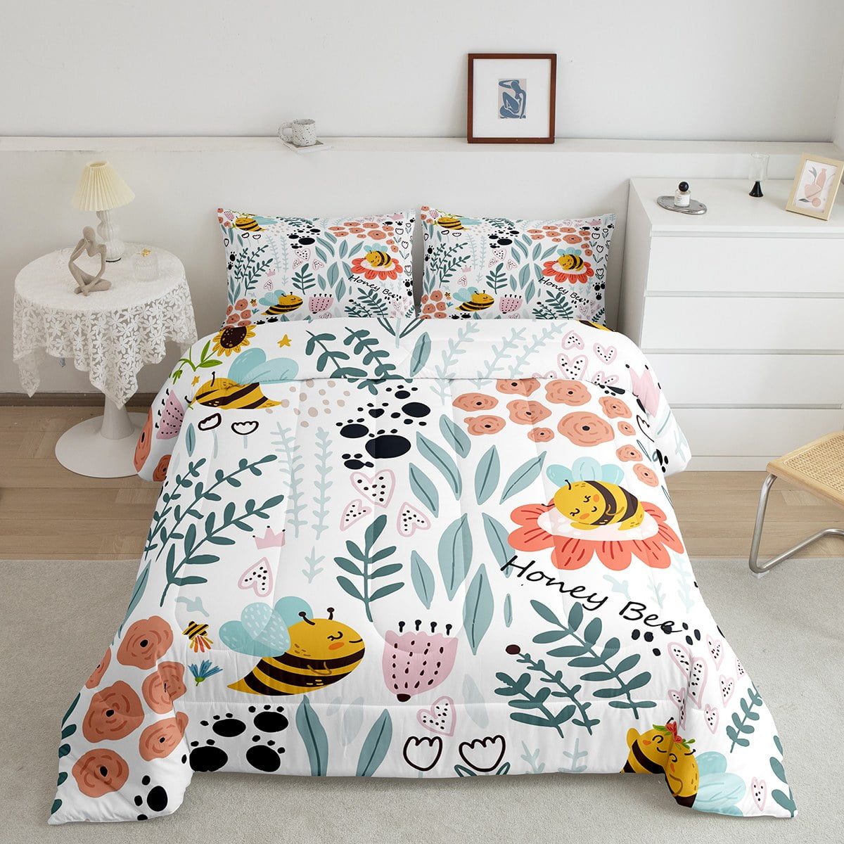 Kawaii Bee Comforter Set,Cartoon Bee Bedding Set King,Cute Love Heart ...