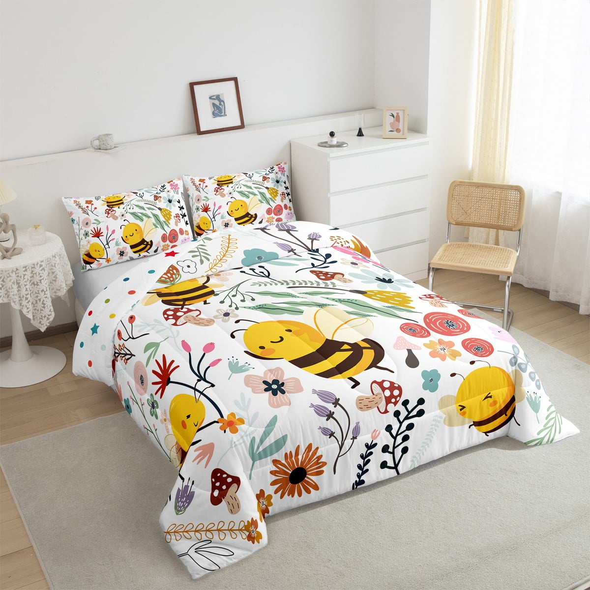 Kawaii Bee Comforter Set Mushroom Floral Queen Bedding Sets ,Cartoon ...