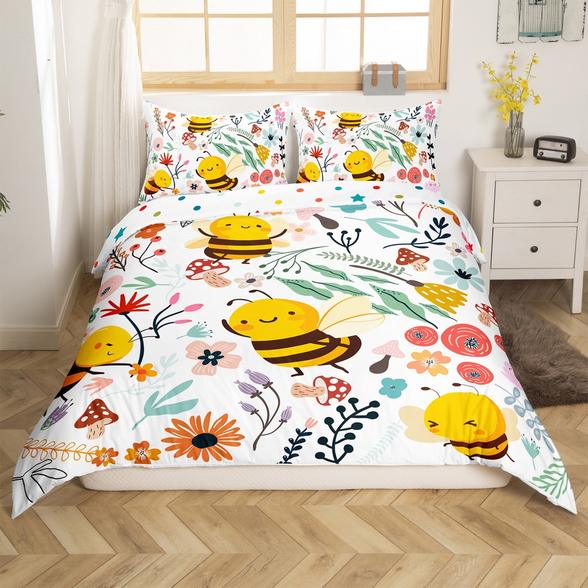 Kawaii Bee Duvet Cover Mushroom Floral Queen Bedding Sets,Cartoon ...