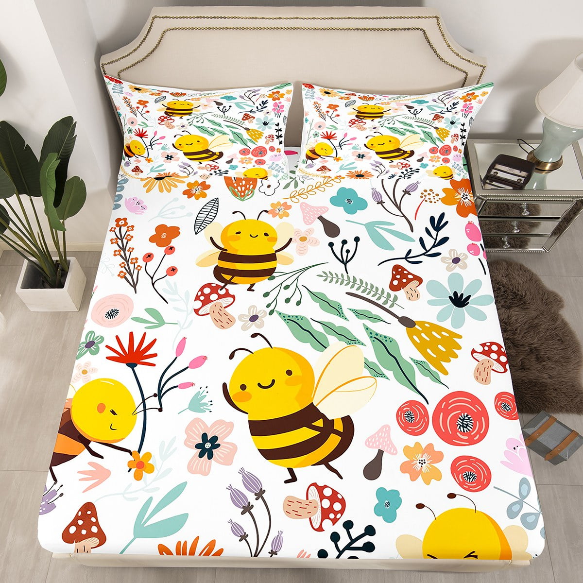 Kawaii Bee Fitted Sheet Mushroom Floral Queen Bed Sheets,Cartoon Animal ...