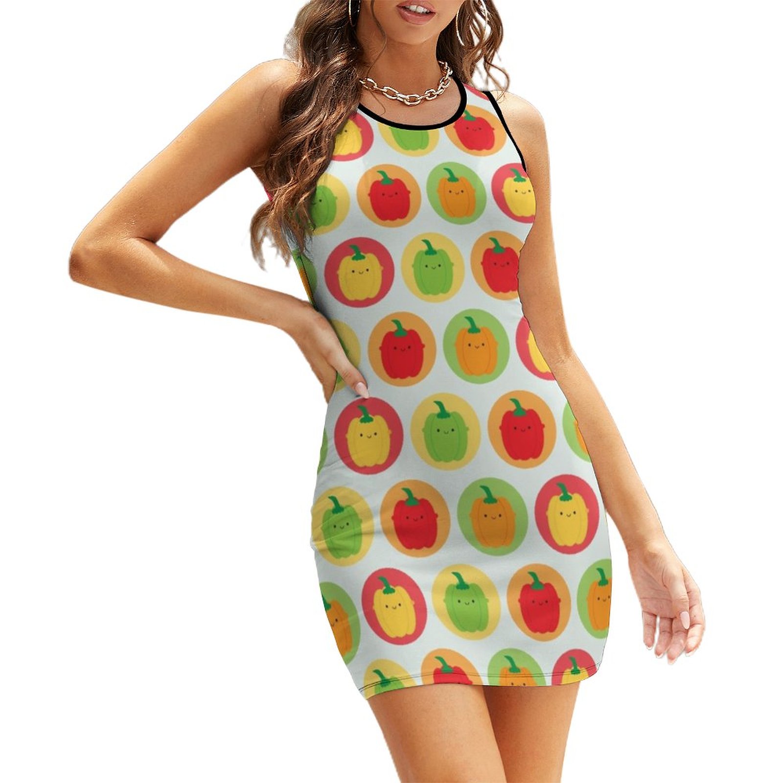 Kawaii Bell Peppers Flare Dress Square Neck Dress Elegant Female ...