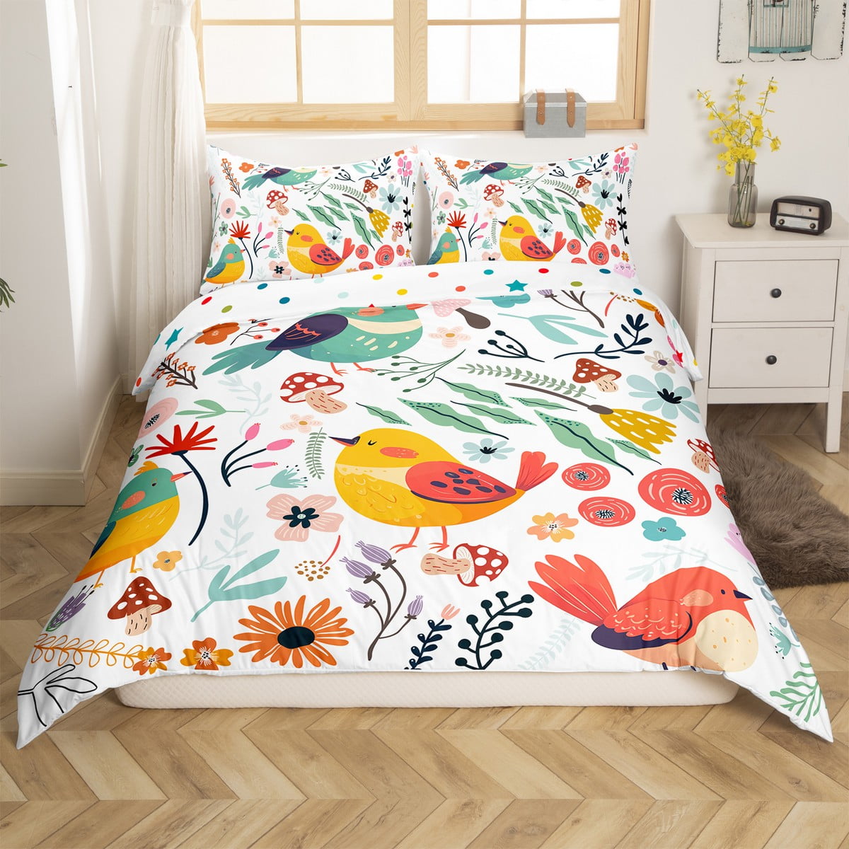 Kawaii Bird Full Bedding Sets,Mushroom Floral Comforter Cover Cartoon ...