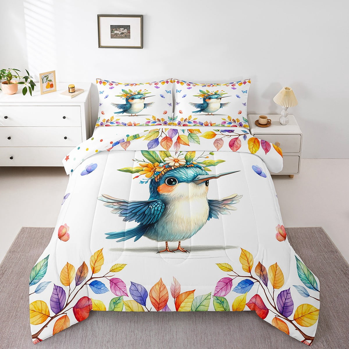 Kawaii Bird Full Bedding Sets Cartoon Animal Comforter Set, Colorful ...