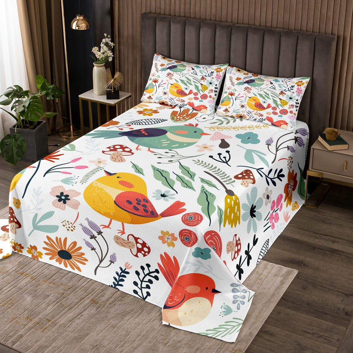 Kawaii Bird King Bedspread Set,Mushroom Floral Coverlet Set Cartoon ...