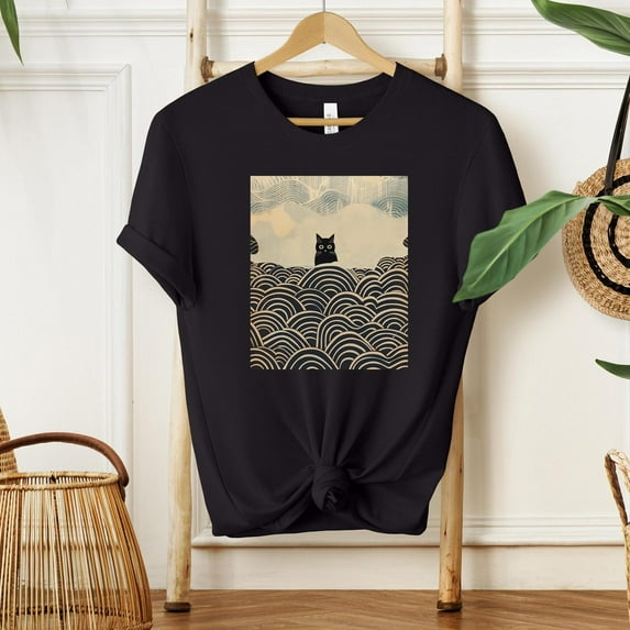 Kawaii Black Cat Graphic Tee with Japanese Wave Aesthetic Cat Art for ...