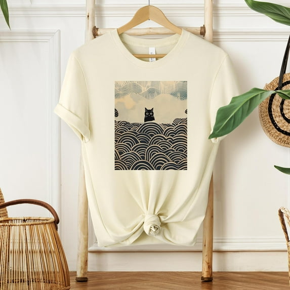 Kawaii Black Cat Graphic Tee with Japanese Wave Aesthetic Cat Art for ...