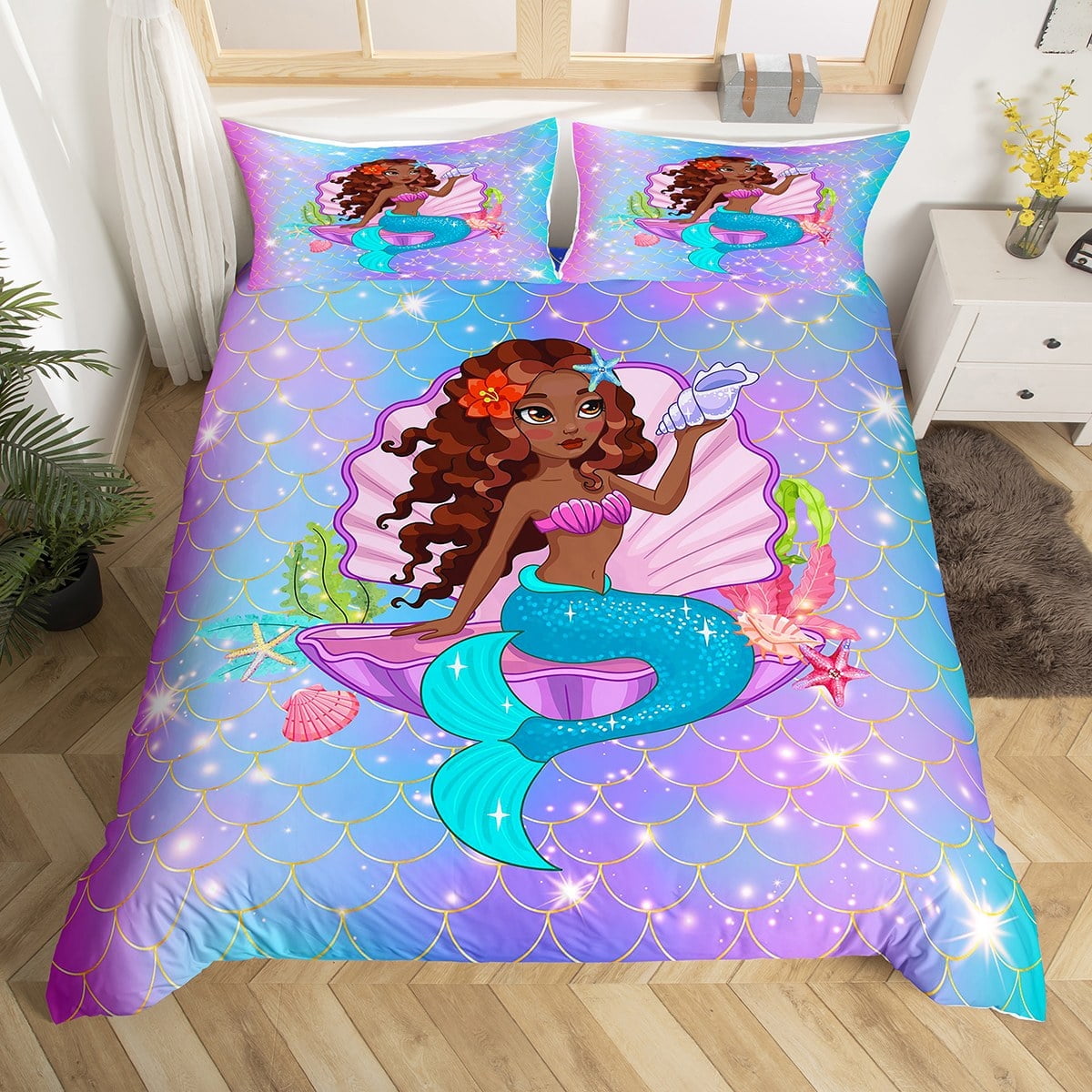 Kawaii Black Girl Bedding Sets Queen Princess Mermaid Comforter Cover ...