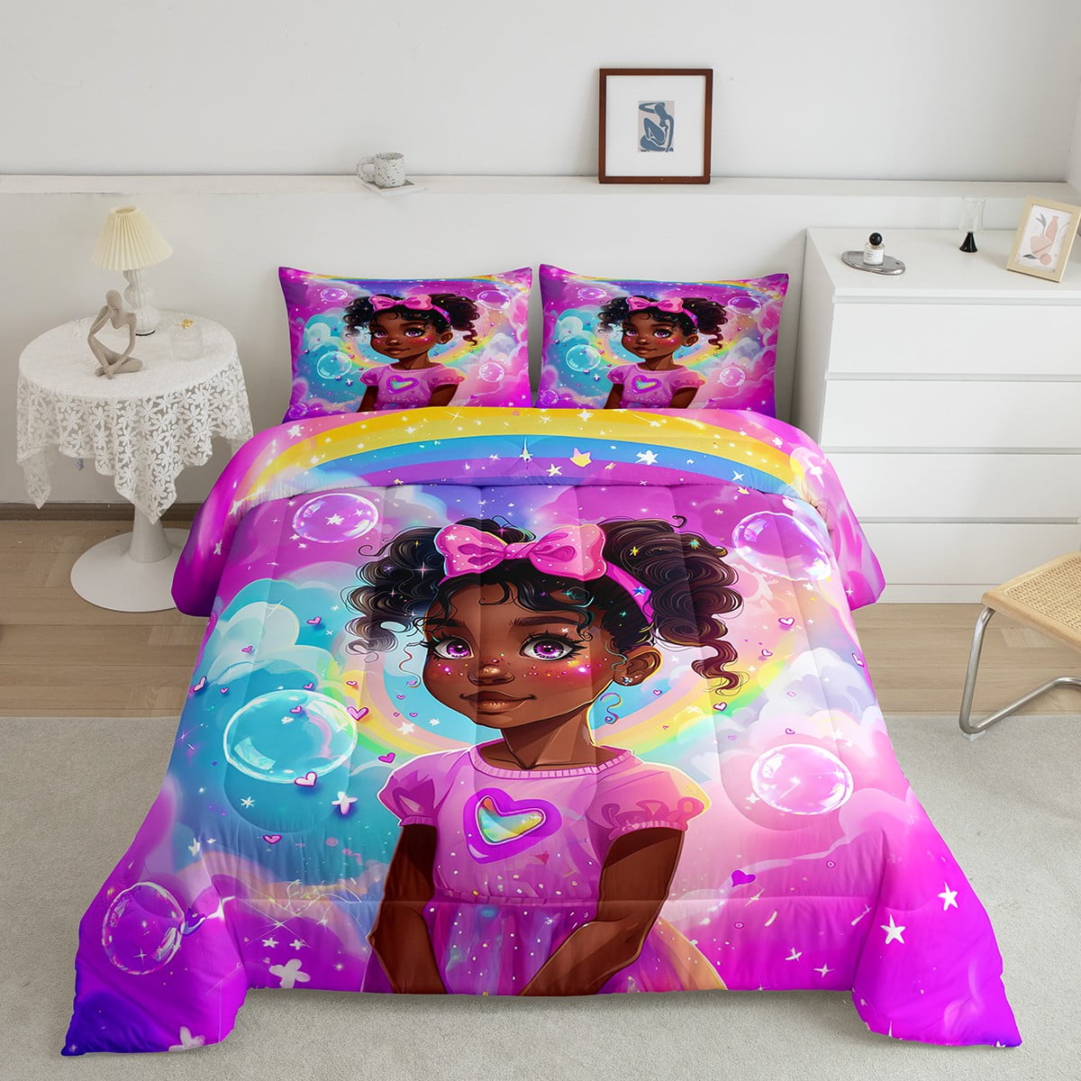Kawaii Black Girl Queen Bedding Sets Cute Rainbow Comforter Set for ...