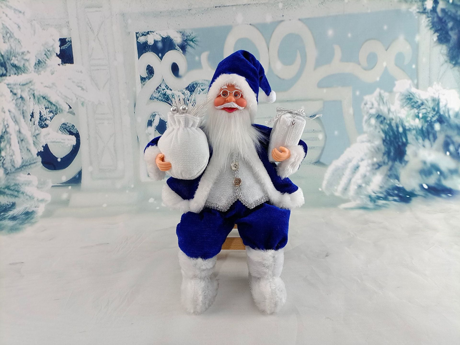 Kawaii Blue Sitting Santa Claus Doll With Gift Bag Handmade Santa ...