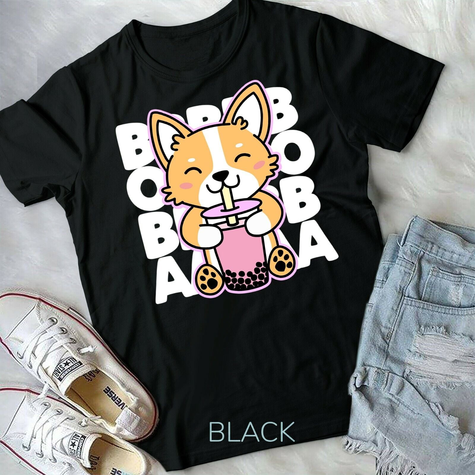Kawaii Boba Cute Anime Dog Corgi Kawaii Tea Drink Dark Unisex Form T ...