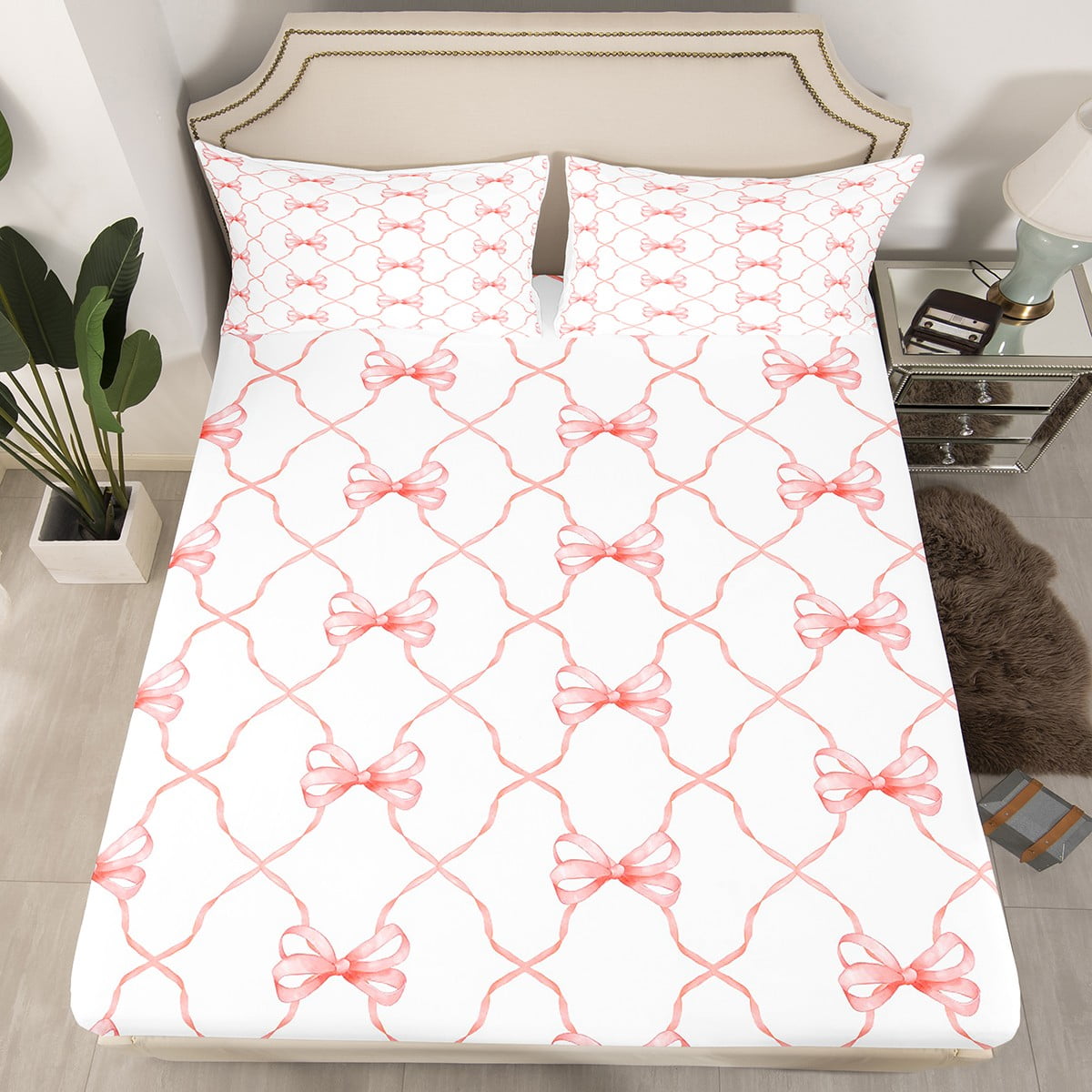 Kawaii Bow Fitted Sheet Cute Bowknot Bed Sheets Queen Teen Room Decor ...