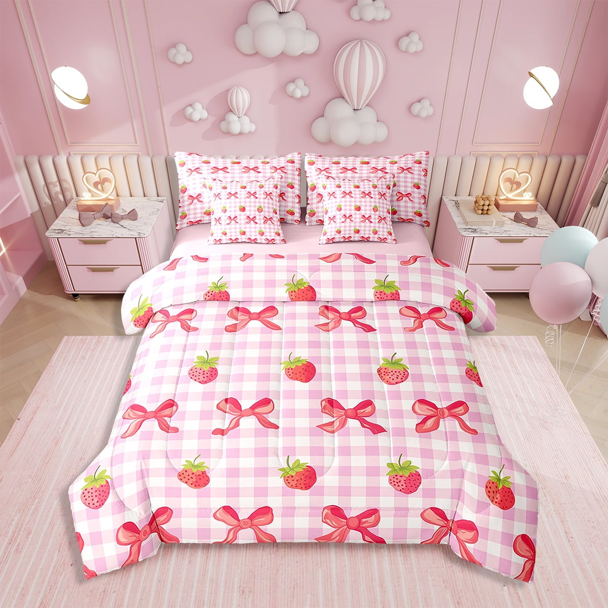 Kawaii Bow Knot Bedding Set Full Size, Cute Strawberry Fruits Soft ...