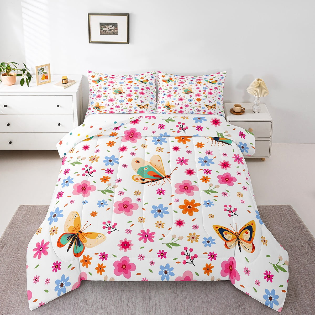 Kawaii Butterfly King Comforter Set Girly Floral Bedding Set, Blue Pink ...