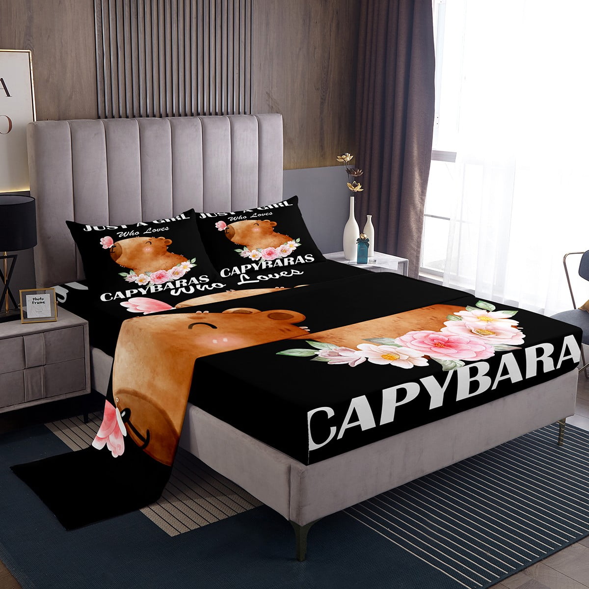 Kawaii Capybara Bed Sheets Set Twin Size Botanical Flowers Sheet Set ...