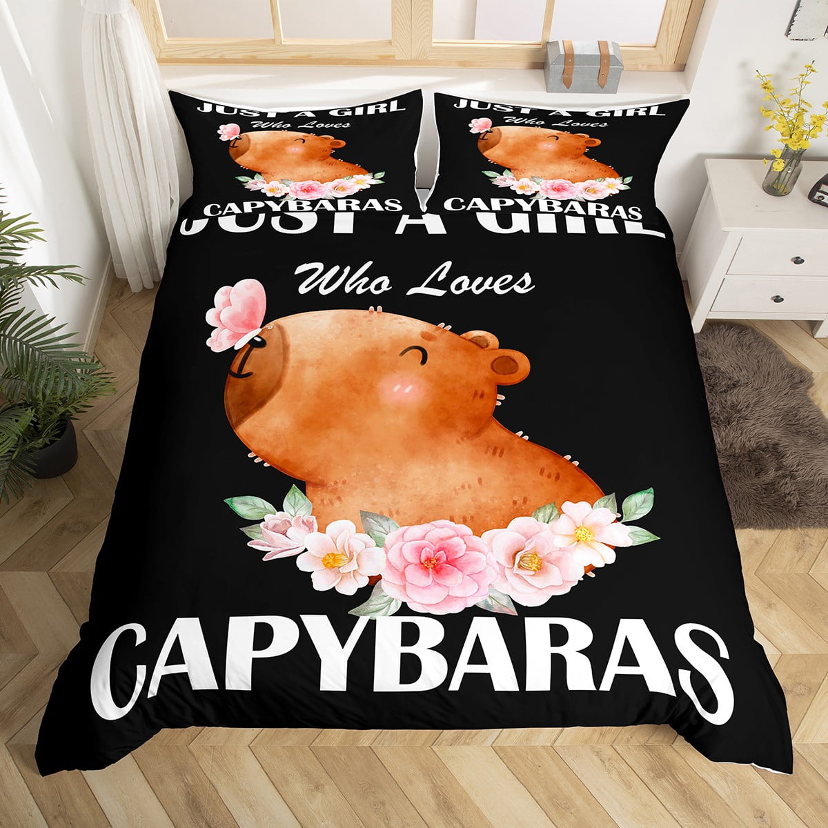 Kawaii Capybara Bedding Set King Size Botanical Flowers Duvet Cover ...