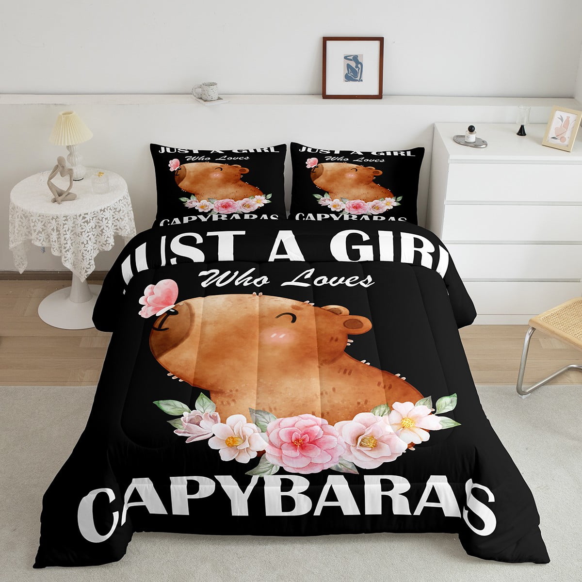 Kawaii Capybara Comforter Set King Size Botanical Flowers Bedding Gifts ...