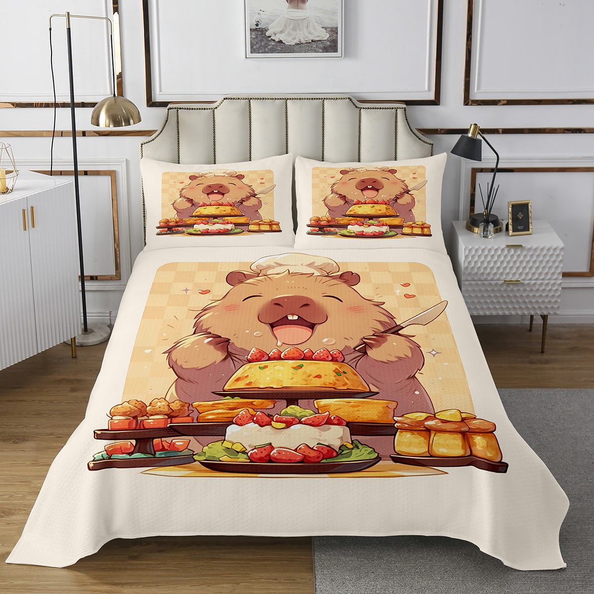Kawaii Capybara Coverlet Set Cute Food Cake Print Bedspread Set,Cartoon ...