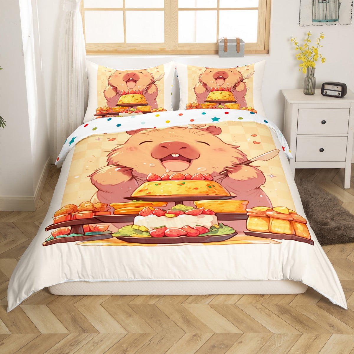 Kawaii Capybara Duvet Cover Cute Food Cake Print Bedding Set,Cartoon ...