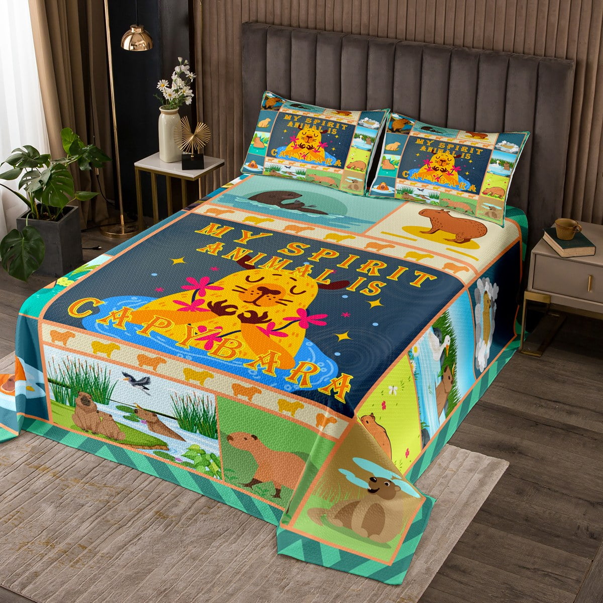 Kawaii Capybara Quilt Set Geometry Patchwork Bedspread Queen Size Cute ...