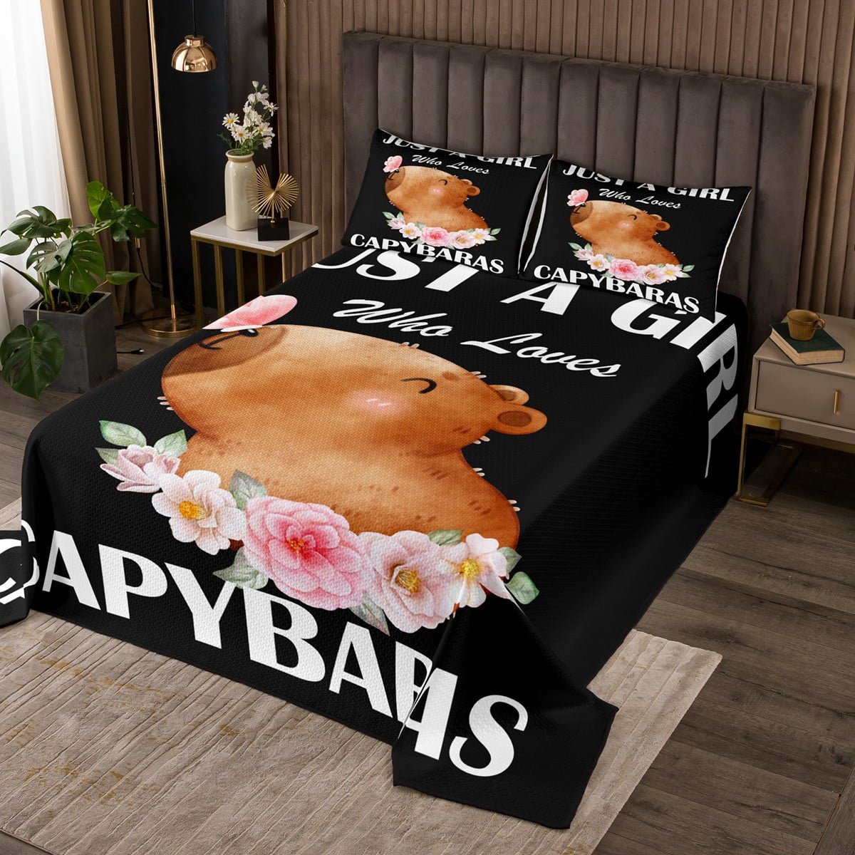 Kawaii Capybara Quilt Set Queen Size Botanical Flowers Bedspread Gifts ...