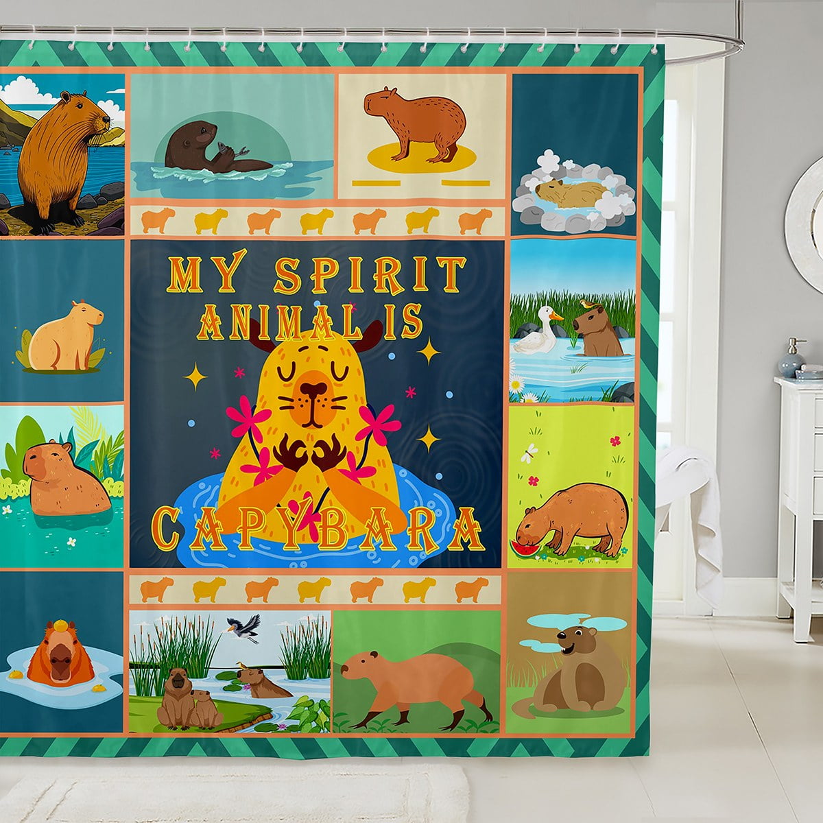 Kawaii Capybara Shower Curtain Geometry Patchwork Bath Curtain Cute ...