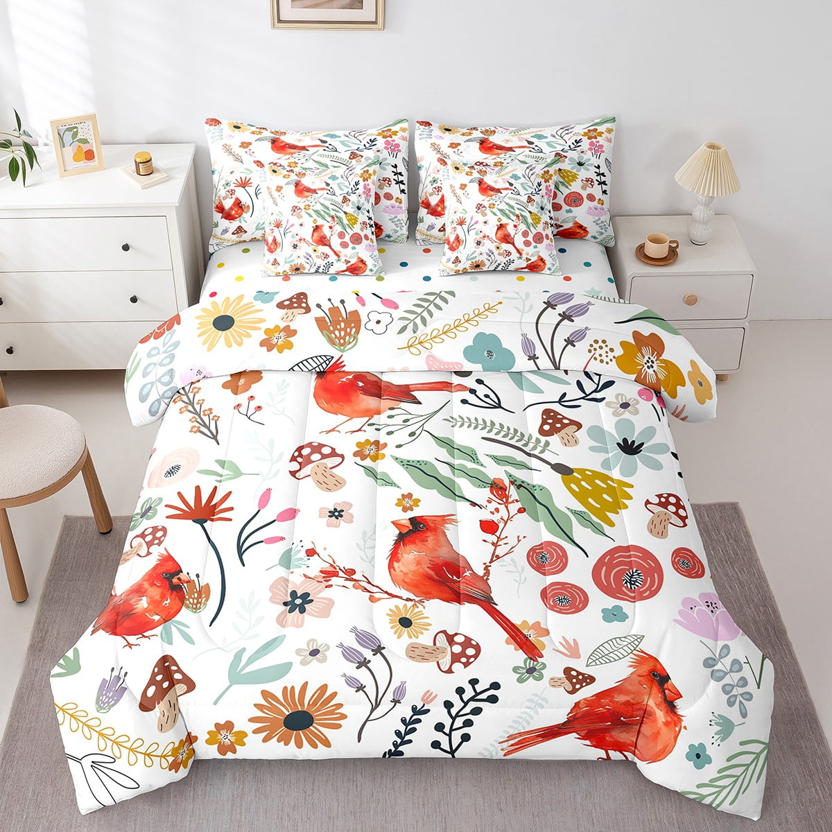 Kawaii Cardinal Bed in a Bag King Size Comforter Set 7 Pieces,Mushroom ...