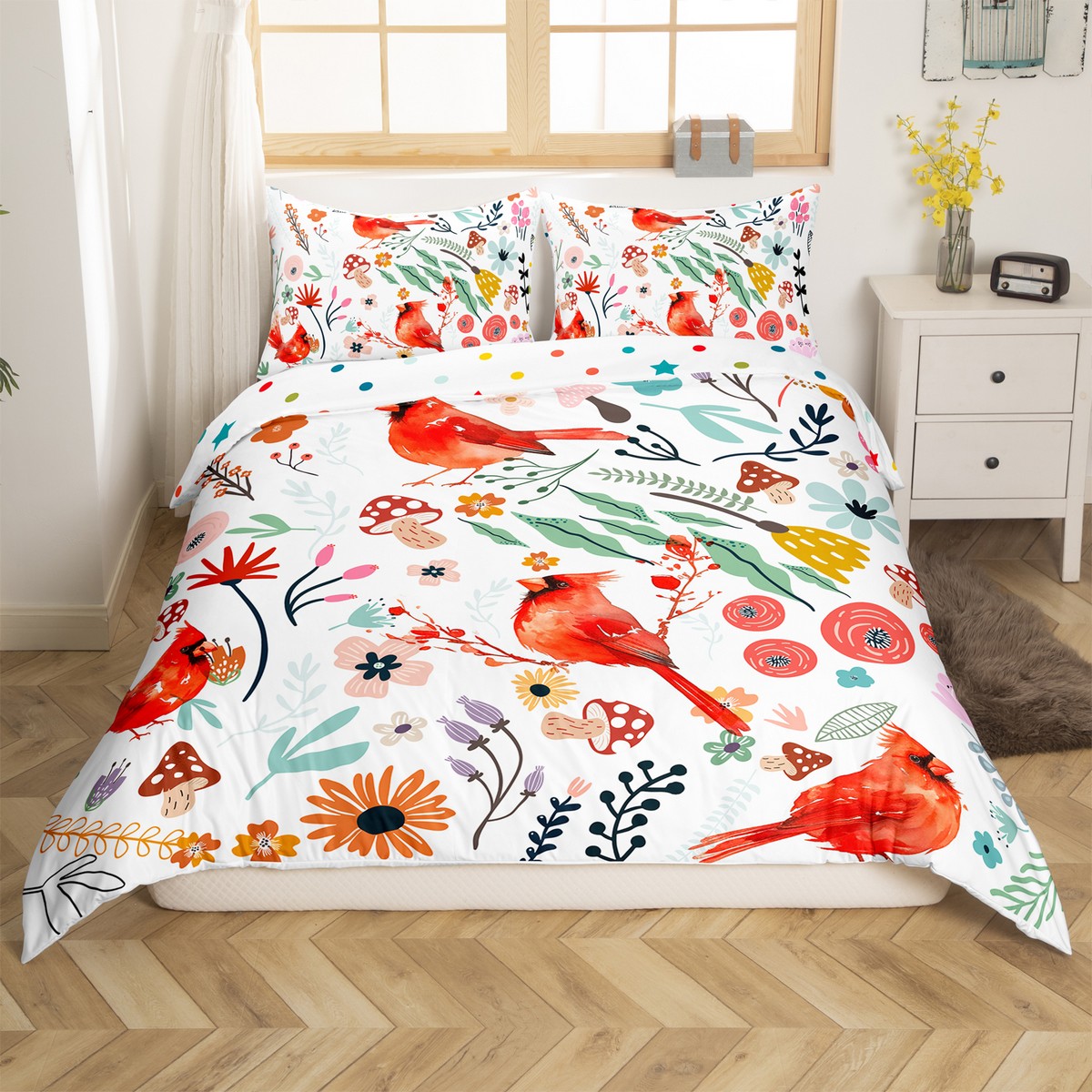 Kawaii Cardinal Full Bedding Sets,Mushroom Floral Comforter Cover ...