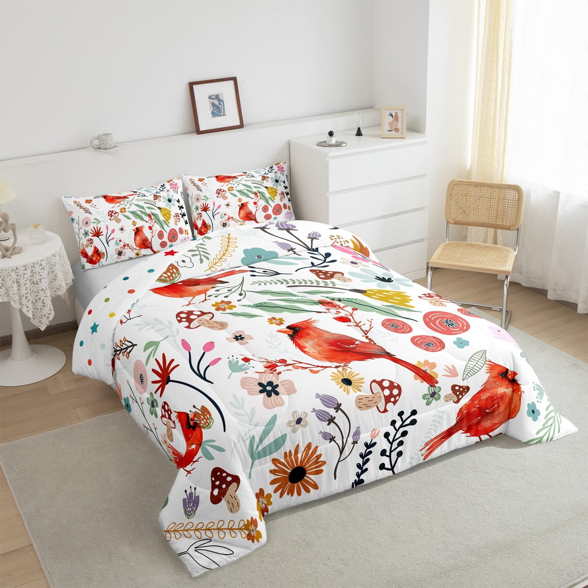 Kawaii Cardinal Full Bedding Sets,Mushroom Floral Quilt Cartoon Animal ...
