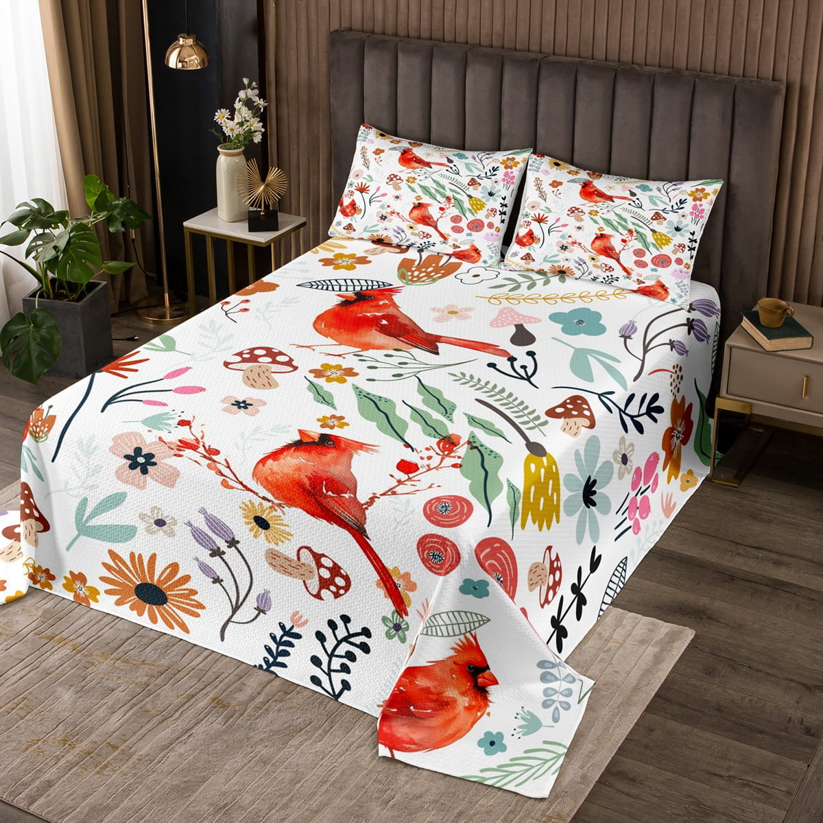 Kawaii Cardinal Quilt Set Mushroom Floral Queen Bedspread Set for Girls ...