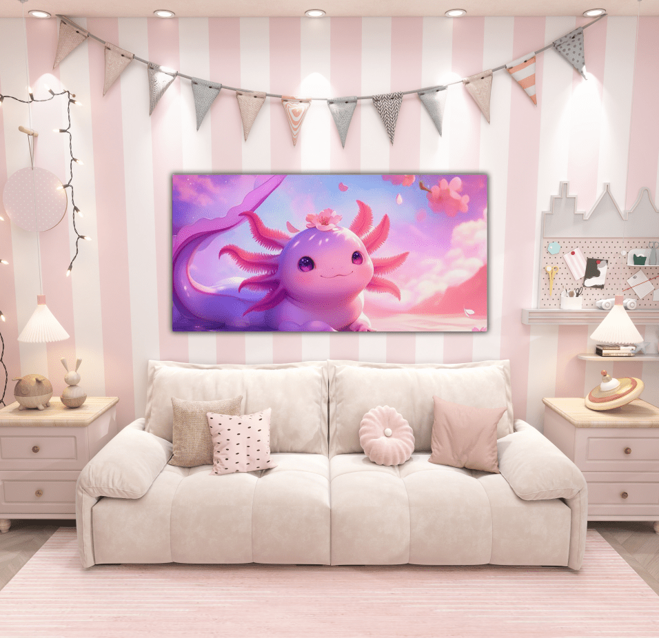 Kawaii Cartoon Axolotl Paintings Wall Decor Bathroom, Dreamy Pink ...