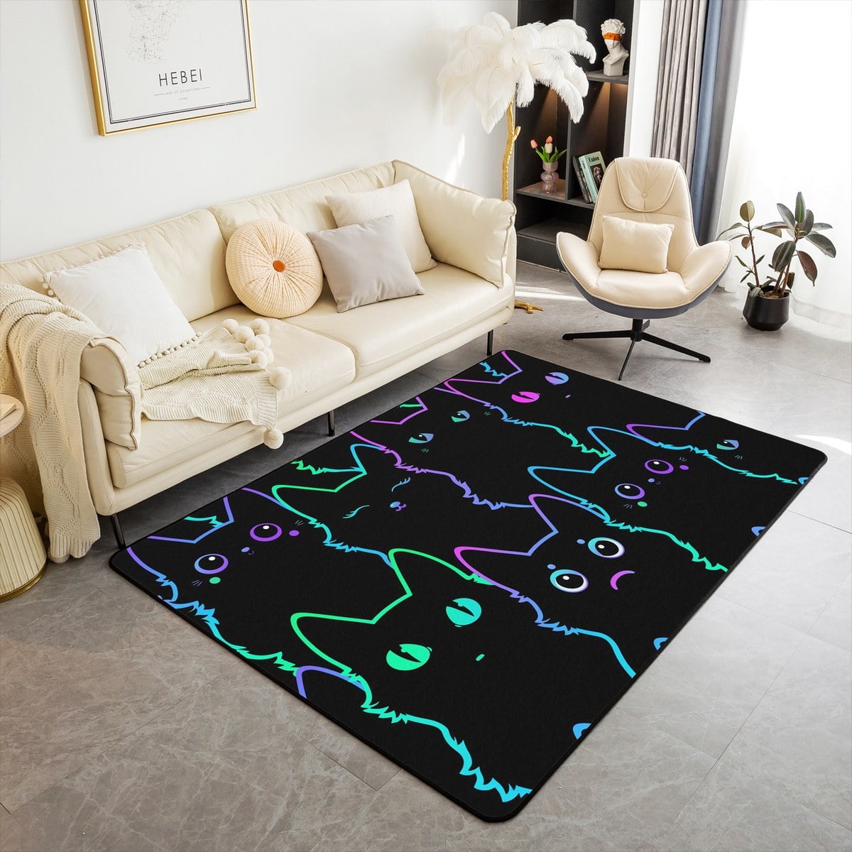 Kawaii Cartoon Cat Rug Non Slip, Cute Animal Area Rug Gradient Line ...