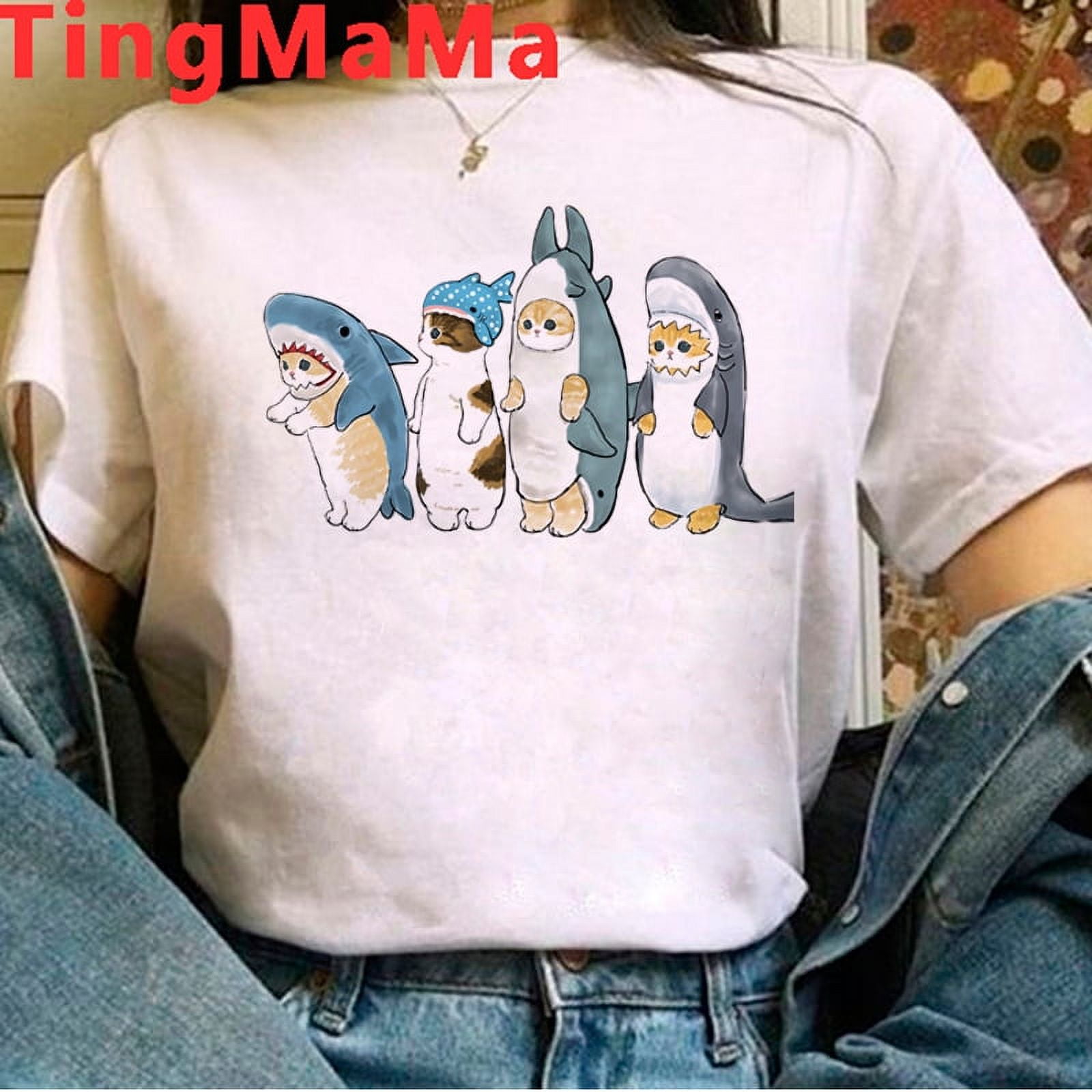 Kawaii Cartoon Cat T Shirt Women Funny Cat Shark Graphic Tees Anime ...