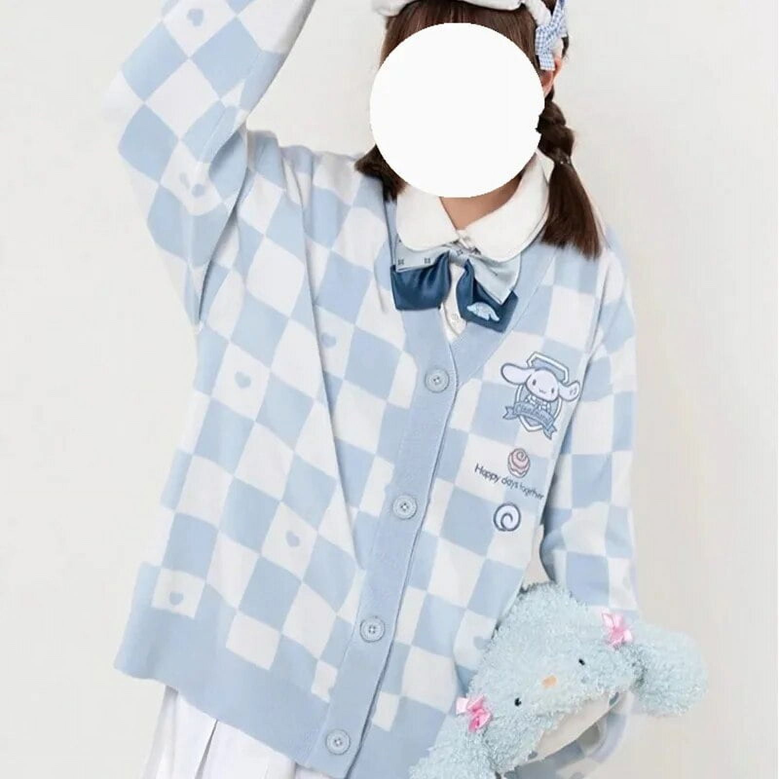 Kawaii Cartoon My Melody Cinnamoroll Kuromi Checkerboard Knitted Sweater Cardigan Jk Uniform ...
