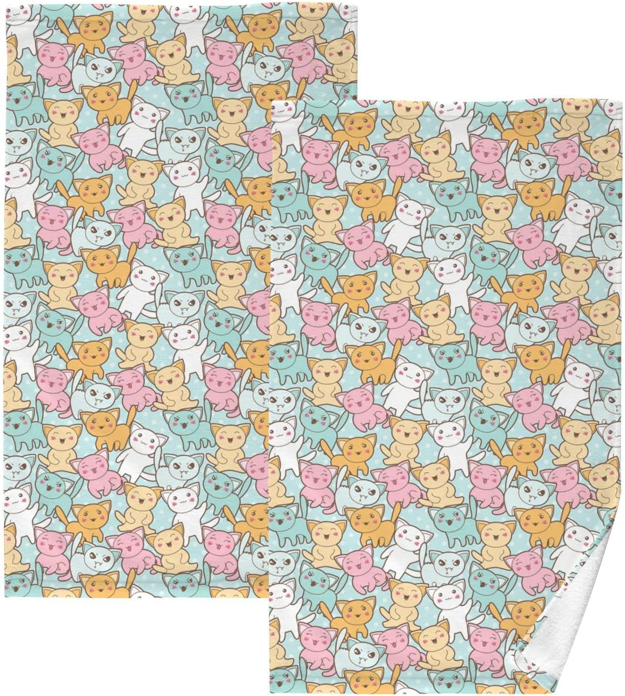 Kawaii Cartoon Pattern with Cute Cats Green Towels Set of 2, Super Soft ...