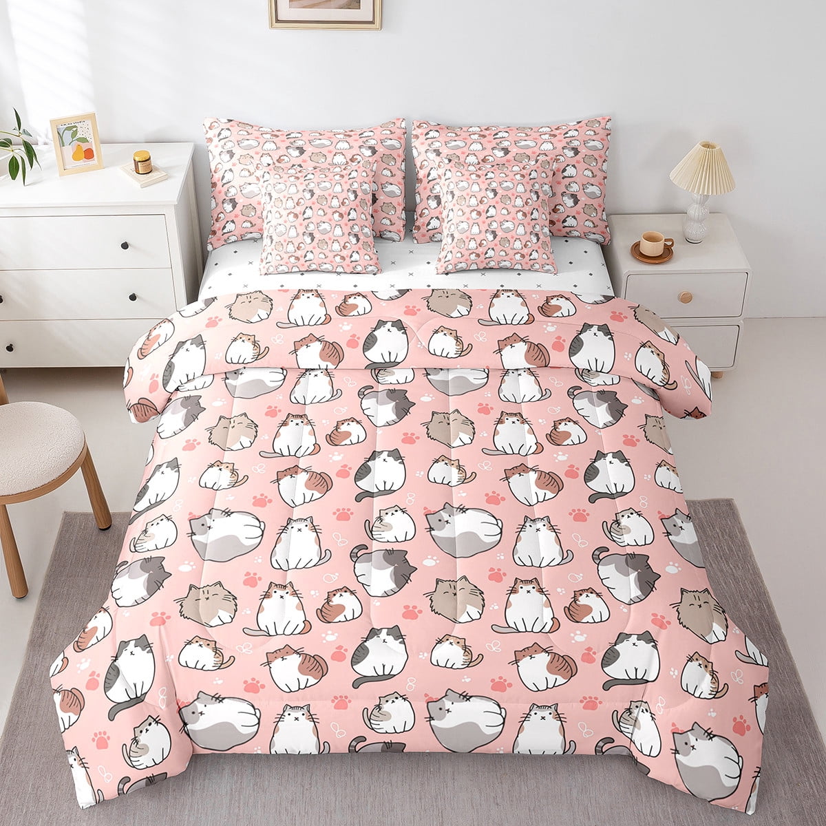 Kawaii Cat 7 Piece Comforter Set Queen Bed in a Bag,Cartoon Cat Bedding ...